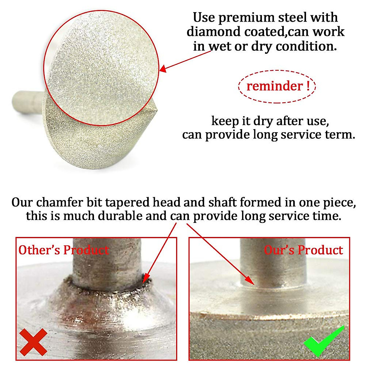 scottchen PRO Diamond Countersink Drill Bits Chamfer Cutter 40mm Tapered 90 Degree 3/8" Shank Hole Grinding Tool for Glass Marble Ceramic Grit #150-1Pack