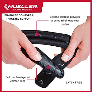 MUELLER Sports Medicine Jumper's Knee Single Strap, Knee Pain Relief Support for Men and Women, Ideal for Osgood-Schlatter's, Runner's Knee, Patellar Tendinitis, Black, One Size