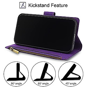 Antsturdy for iPhone 13 (6.1") Zipper Wallet Case,Luxury PU Leather with Handbag Wrist Strap Folio Flip Cover [RFID Blocking] Credit Card Slot Card Holder [Kickstand Function] Women Purple