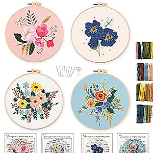 Myfelicity 4 Sets of Embroidery Starter Kits, Adult Women’s Hobbies, Including Cloth with Floral Patterns, Colored Threads, Needles, Hoops and Instructions