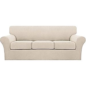 4 Piece Sofa Covers For 3 Cushion Couch Sofa Slipcover Soft Couch Cover For Dogs-Washable Sofa Furniture Covers With 3 Individual Cushion Covers,Feature Jacquard Fabric(3 Cushion Sofa, Biscotti Beige)