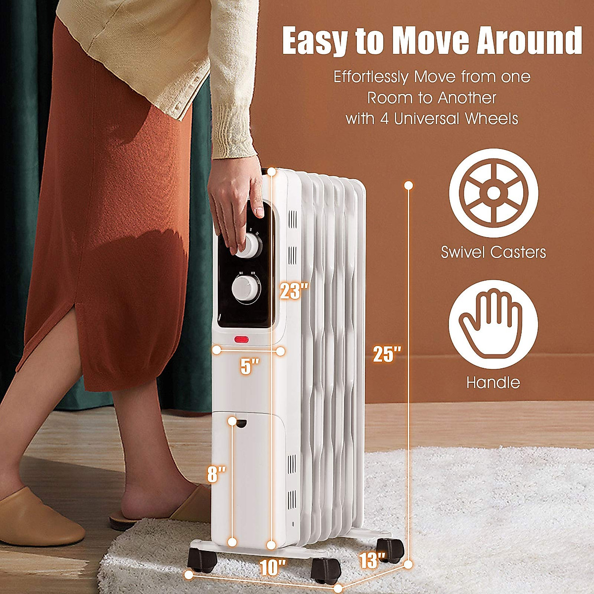 GOFLAME 1500W Oil Filled Radiator Heater, Electric Space Heater with 3 Heating Modes, Adjustable Thermostat, Tip-Over & Overheat Protection, Powerful Oil Heater for Home and Office, White