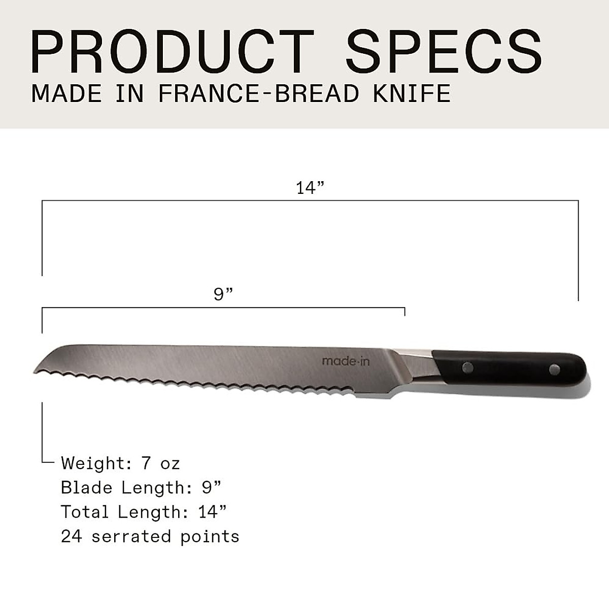 Made In Cookware - 9" Inch Bread Knife - Crafted in France - Full Tang With Truffle Black Handle