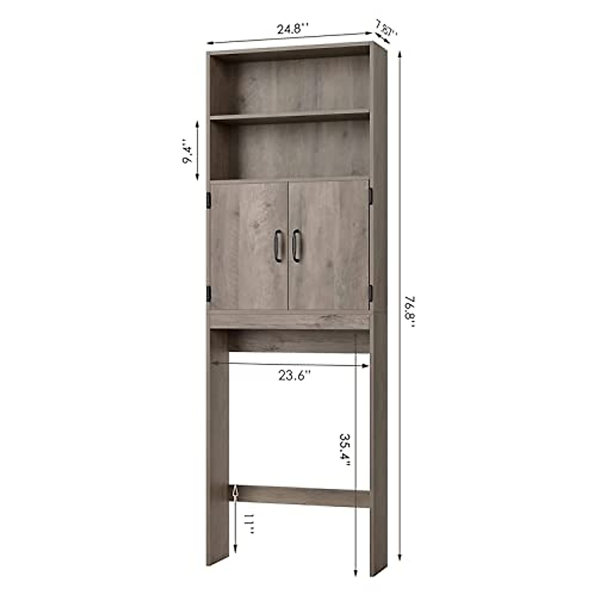 HOSTACK Over The Toilet Storage, Double Door Bathroom Organizer Toilet Cabinet, Freestanding Above Toilet Rack with Open Shelves and Adjustable Bottom Bar, 76.8 in H, Ash Gray