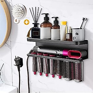 Yimerlen Airwrap Storage Holder Compatible with Dyson Airwrap Curling Iron Wall Mount Storage Rack Holder for Bathroom Attachments Organizer (Black, with Shampoo Comb)
