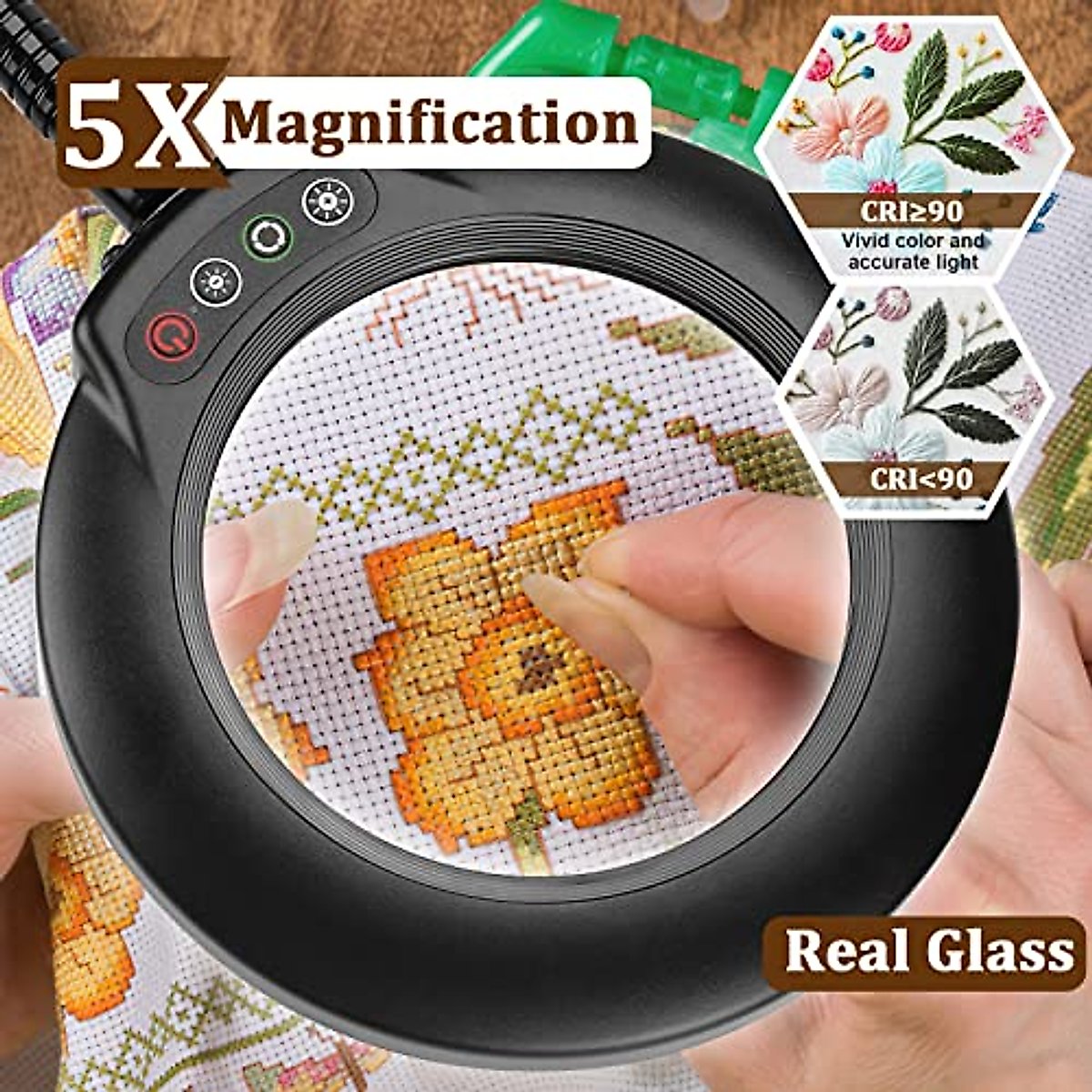 VEEMAGNI 23" Magnifying Glass with Light and Clamp, 5 Color Modes Stepless Dimmable LED Gooseneck Desk Lamp, 5X Real Glass Table Lighted Magnifier Hands Free for Craft Painting Close Work Hobby Sewing