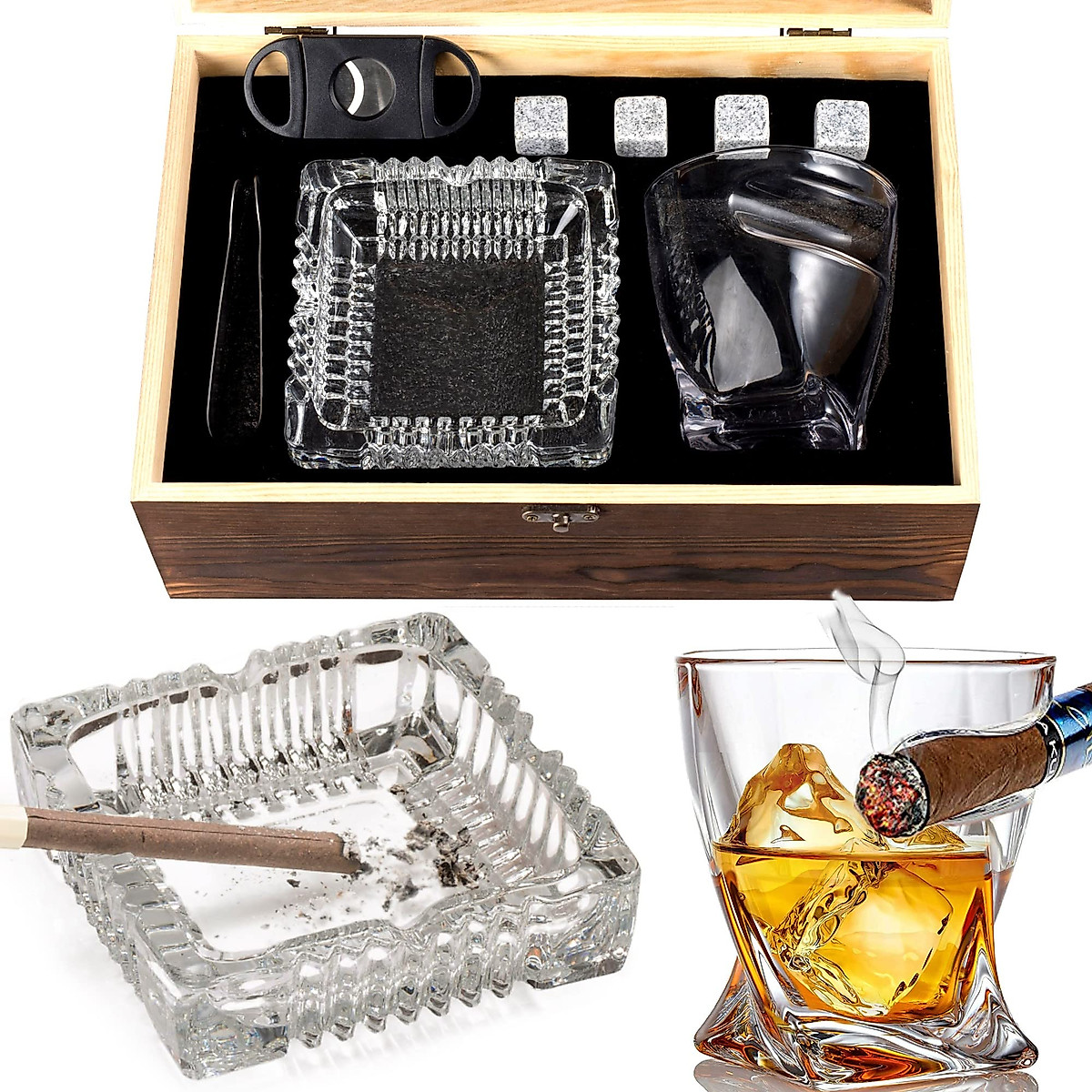 Whiskey Glass Gift Set - Bourbon Whiskey Stones Gift Set - Rocks Whisky Chilling Stones - Scotch Glassess Gift in Wooden Box - Wisky Stones Set - Burbon Gifts for Men Dad for Birthday Fathers Day