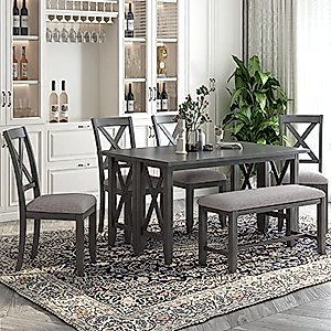 XD Designs 6-Piece Dining Room Table Set, Rustic Farmhouse Dining Room Foldable Table with 4 Upholstered Chairs & Bench, Solid Wood Kitchen Dining Room Set for 4-6 Persons (Gray 60in)