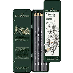 Faber-Castell 5 Piece Quality Water-Soluble Graphite Aquarelle Pencils in a Tin, Including HB, 2B, 4B, 6B and 8B