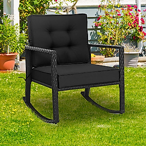 Tangkula Wicker Rocking Chair, Outdoor Glider Rattan Rocker Chair with Heavy-Duty Steel Frame, Patio Wicker Furniture Seat with 5” Thick Cushion for Garden, Porch, Backyard, Poolside (1, Black)