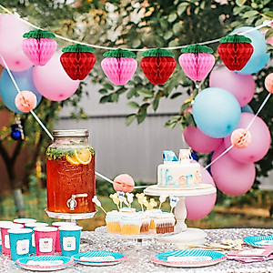 Skylety 10 Pieces 6 Inch Paper Strawberry Honeycomb Ball Tissue Paper Strawberry Ball for Strawberry Birthday Party Decoration (Red and Pink)