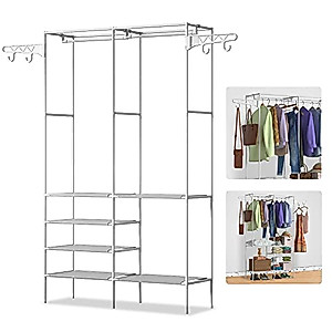TeqHome Garment Rack, 42'' Freestanding Clothes Rack Shoe Clothing Organizer Shelves, Multifunctional Clothes Wardrobe with 4 Hooks & 2 Hanging Rods, Coated Iron Frame, Easy Assembly, Max Load 350lbs