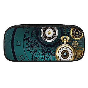 Antique Gear Pocket Watch Pattern Pencil Case PU Leather Pencil Pen Bag Large Capacity Pen Box Pencil Pouch Makeup Bag with Zip