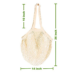 [2 Pack] Premium Mesh Grocery Bags, Reusable Produce Bags, Long Handle Net Tote Bags, 100% Cotton String Bags, Fruit and Vegetable Bags, Beige (Portable/Washable/Durable)