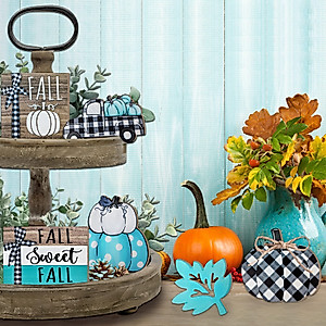 Guoofu Blue Fall Tiered Tray Decor, Pumpkin Farmhouse Tray Decorations, Buffalo Plaid Pumpkin Trucks Maple Leaf Book Stack Wooden Signs, Autumn Thanksgiving Home Decor for Mantel Tabletop Shelf