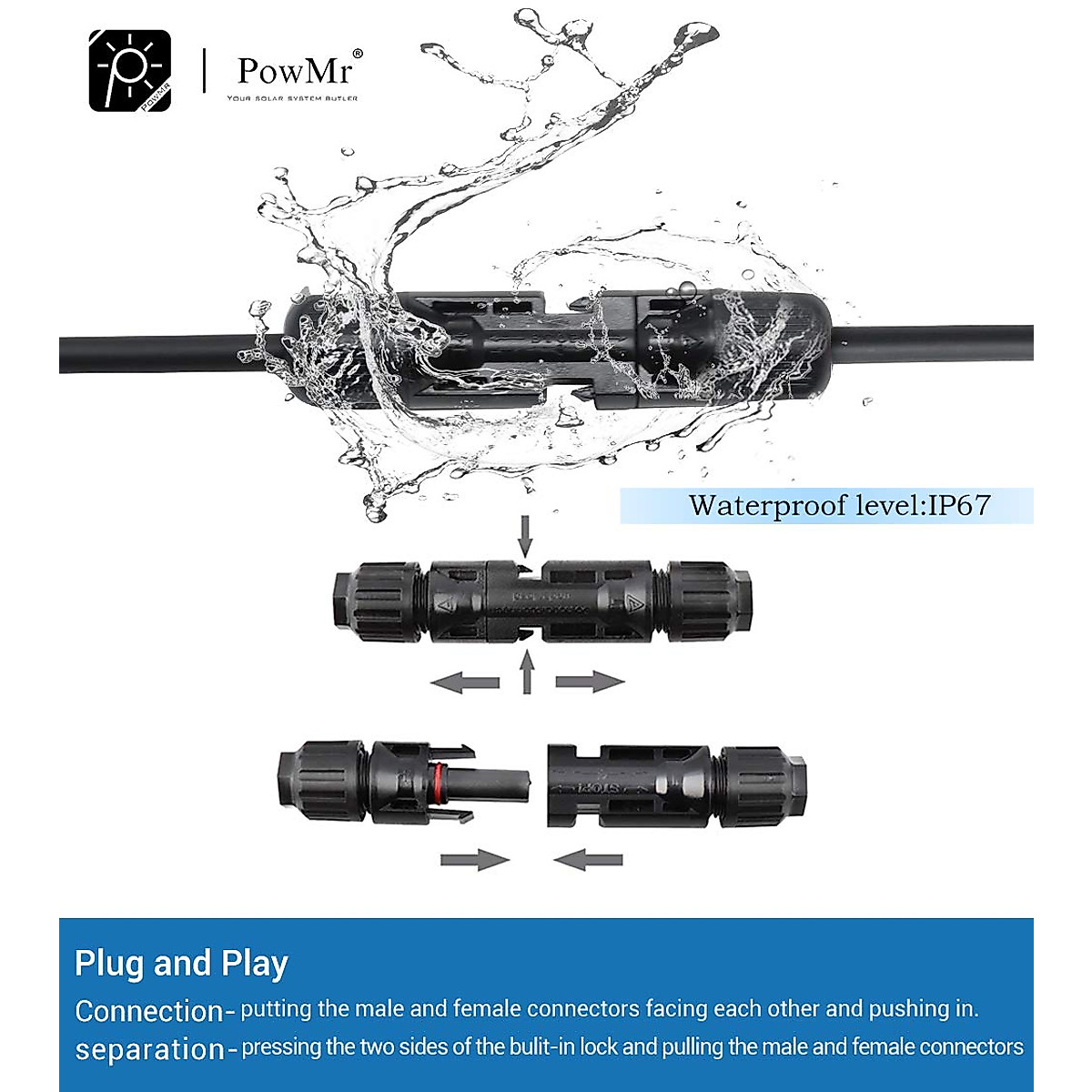 PowMr 100PCS Solar connectors -IP67 Male/Female Solar Connectors(50 Pairs Solar connectors)
