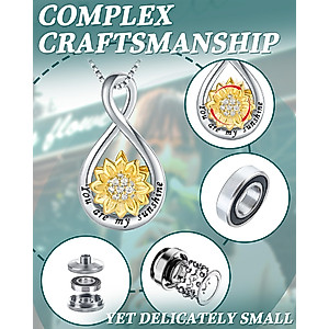 You are My Sunshine Necklace Sunflower Jewelry for Women - 925 Sterling Silver Infinity Spinner Sun Flower CZ Pendant Necklace Birthday Mother's Day Gifts for Couples Mother Daughter Chain 18"+2"