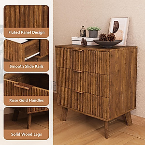 Mid-Century 3 Drawers Bedside Table Cabinet, Modern Nightstand with 3 Drawer and Solid Wood Legs, Contemporary 3-Drawer Nightstand, Mid Century Nightstand with 3 Storage Drawer for Bedroom (Walnut)