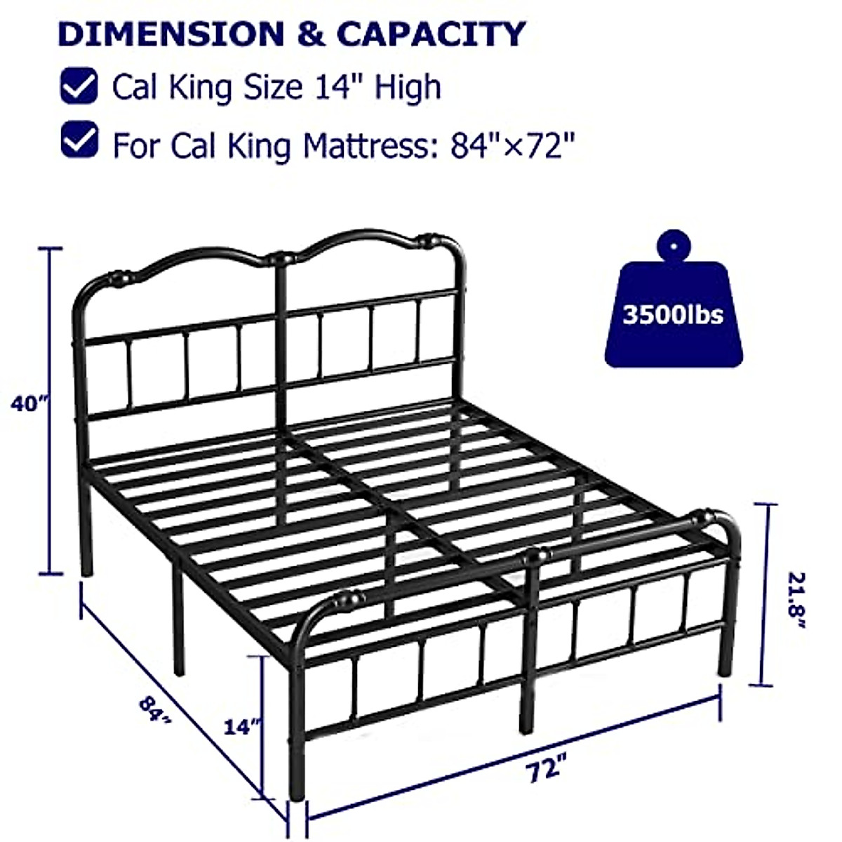 FDLOGW Cal King Size Bed Frame with Headboard and Footboard, 14 Inch High, No Box Spring Needed Heavy Duty Metal Platform Bedframe, Noise Free