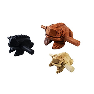 Guiros Percussion Instruments Wooden Frog 3 Piece Set of 4 Inch, 3 Inch, 2.75 Inch, Wooden Frog Musical Instrument (Brown/Black/Natural Color)