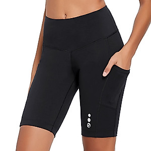 BALEAF Women's 9" Biker Shorts High Waisted Long Compression Running Workout Shorts Side Pockets UPF50+ Black XXL