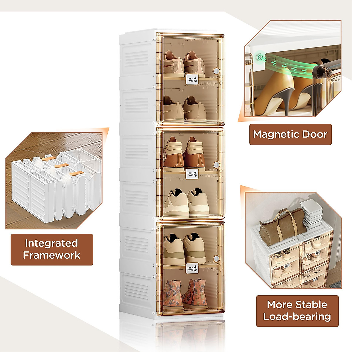 ANTBOX Shoe Organizer Storage Box, Portable Folding Shoe Rack for Closet with Magnetic Clear Door,Large Sneaker Cabinet Bins Sturdy Easy Assembly 10 Layers-10 Grids