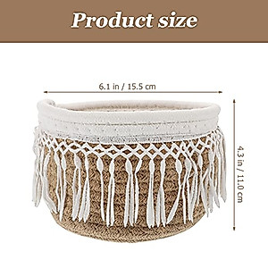 Cabilock Cotton Thread Storage Basket Boho Basket with Tassel Jute Color Farmhouse Small Laundry Basket Table Storage Braided Bin Organizer with Tassel Fringe