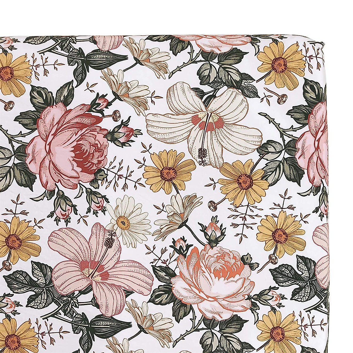 Fitted Crib Sheet (Mini Size) - Garden Floral (White) Design, Woven 100% Cotton for Baby Girl Infant Nursery Bedding and Bassinet Mattress Cover Inspiration by Mini Wander