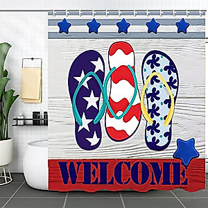 HEDYBARD 4 Pcs Red Blue Star Shower Curtain Set, Beach Themed Art Print of US Flag with Shower Curtain, Non-Slip Soft Flannel Rugs, Toilet Lid Cover, Bath Mat and 12 Hooks for Home Decorations