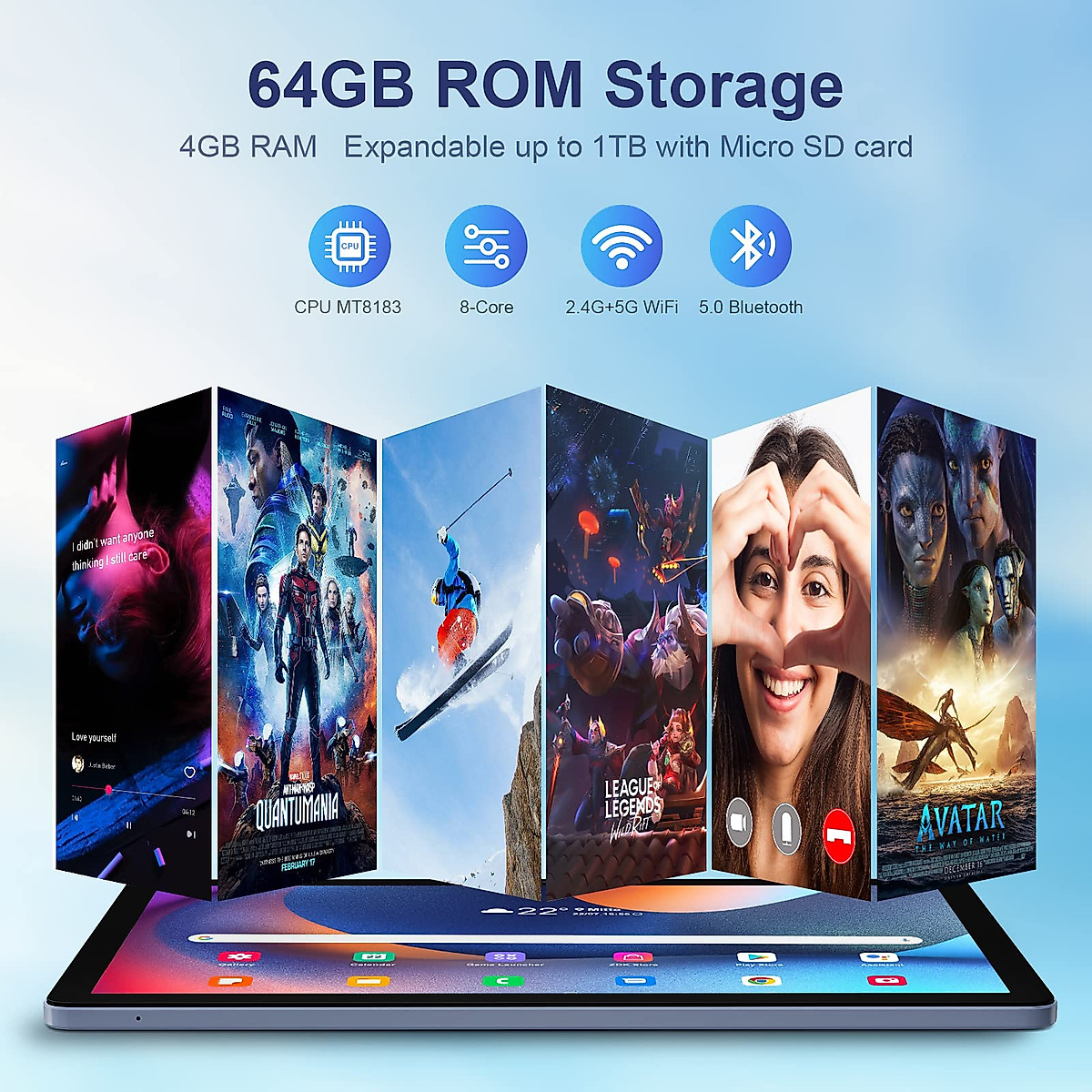 Wielio Android 12 Tablet 10.1 Inch Gaming Tablets-MTK 8183 2.0Ghz Octa-Core Processor-4GB RAM+64GB ROM+1TB Expand-Dual Camera 5MP-WiFi&Bluetooth 5.0,Blue