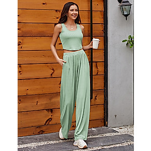 Ekouaer Women's Pajamas 2 Piece Lounge Set Ribbed Knit Loungewear Sleeveless Tank Top Wide Leg Pants,Light Green,L
