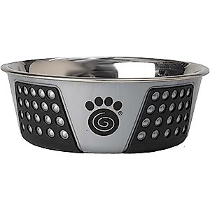 PetRageous 13098 Fiji Stainless Steel Non-Slip Dishwasher Safe Dog Bowl 3.75-Cup Capacity 6.75-inch Diameter 2.5-inch Tall for Medium and Large Dogs, Light Grey and Black