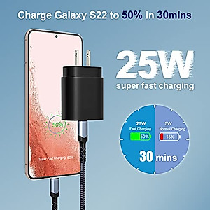 Excgood USB C Wall Charger, Super Fast Charger Type C Charging Block Compatible with Galaxy S23 Ultra/S22/S21 FE 5G/S20, Note 20/10, A14/70/71/53/23, Z Flip4, with 10ft Braided USB-C Cable (Black)