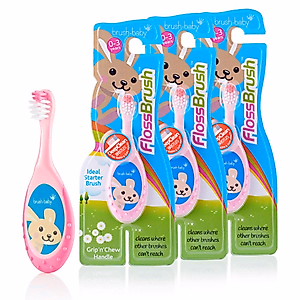 brush-baby Bobbie Flossbrush Starter Toothbrush for Ages 0-3 Years (Pink) (3-Pack)