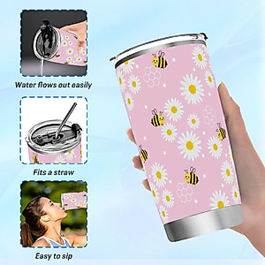 12 Oz Stainless Steel Vacuum Insulated Tumbler Cartoon Cute Bees Daisy Pink Coffee Cup with Lids and Straw Daisy Flower Double Wall Water Travel Mug for Hot and Cold Drinks for Home Office
