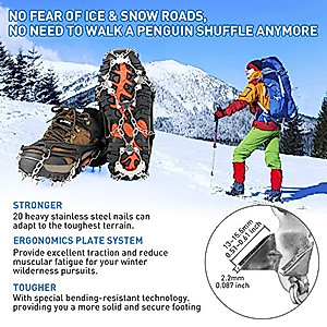 Traction Cleats Ice Snow Grips with 20 Stainless Steel Spikes for Walking, Jogging, Climbing, Fishing, and Hiking