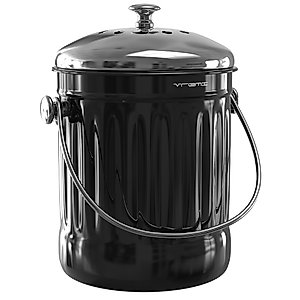Vremi Kitchen Compost Bin for Counter or Under Sink - 1.2 Gallon Small Metal Indoor Home Apartment Eco Compost Pail for Biodegradable Organic Food Waste with Charcoal Filter - Stainless Steel - Black