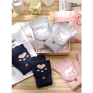 Bencailor 3 Pairs Winter Fingerless Gloves Warm Convertible Mittens Flap Cover Cat Paw Gloves for Women Cold Weather Cosplay (Light Gray, Pink, Navy Blue)