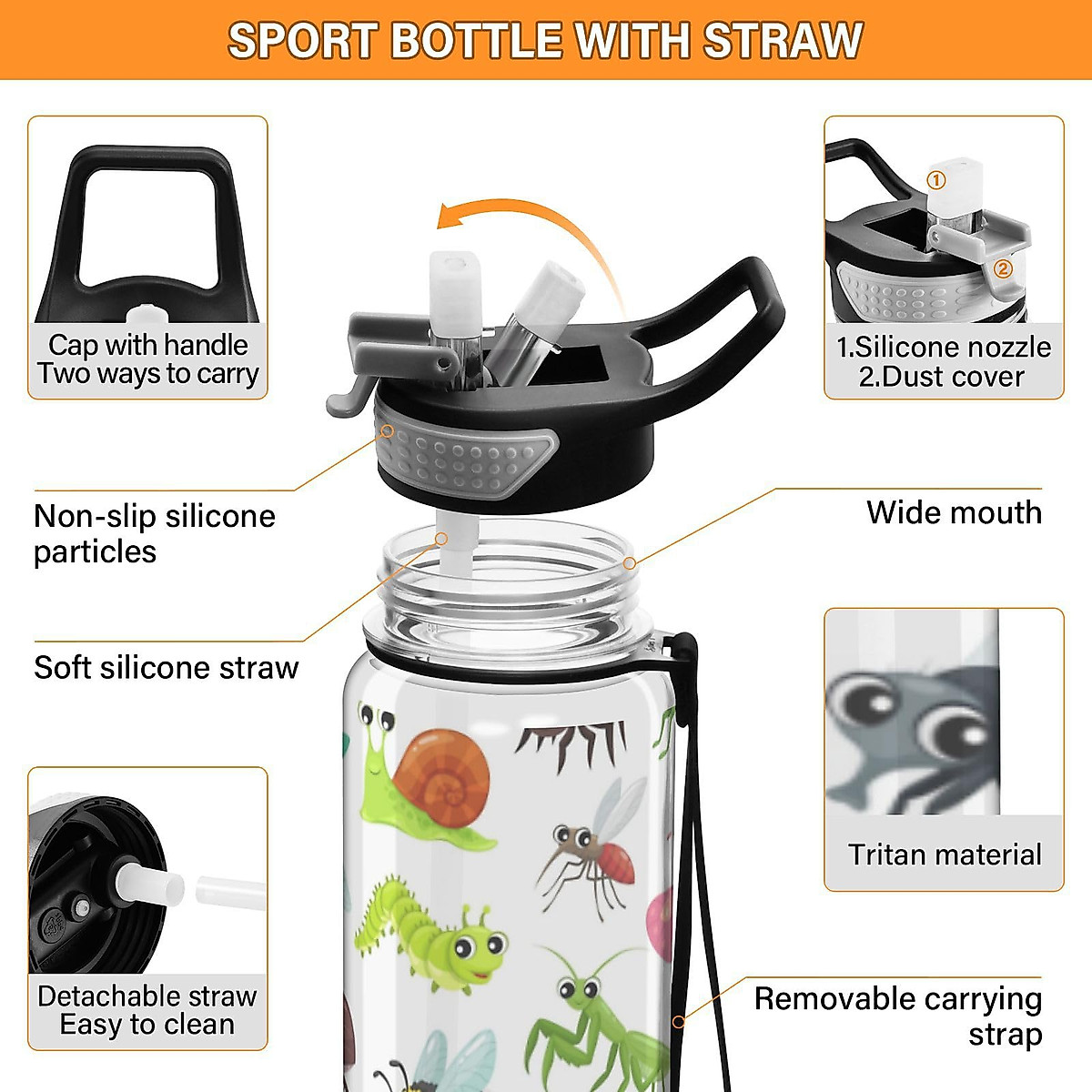 Boccsty Butterfly Bugs Kids Water Bottle with Straw Beetle Dragonfly Ladybug Bee Snail Sports Bottles BPA-Free Tritan Plastic Water Jug for Women Men Gym Outdoors