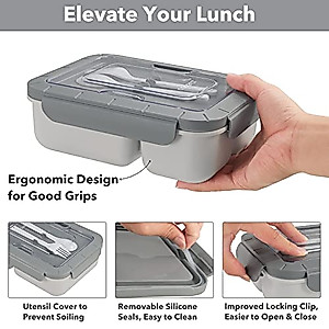 Caperci Premium Bento Box Adult Lunch Box for Older Kids - Leakproof 44 oz 3-Compartment Lunch Containers for Adults and Teens, Ergonomic Design, Built-in Utensil Set & BPA Free (Grey)
