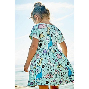Toddler Girl's Dinosaur Summer Dresses Clothes,Short Sleeve Casual Outfits 4t Blue