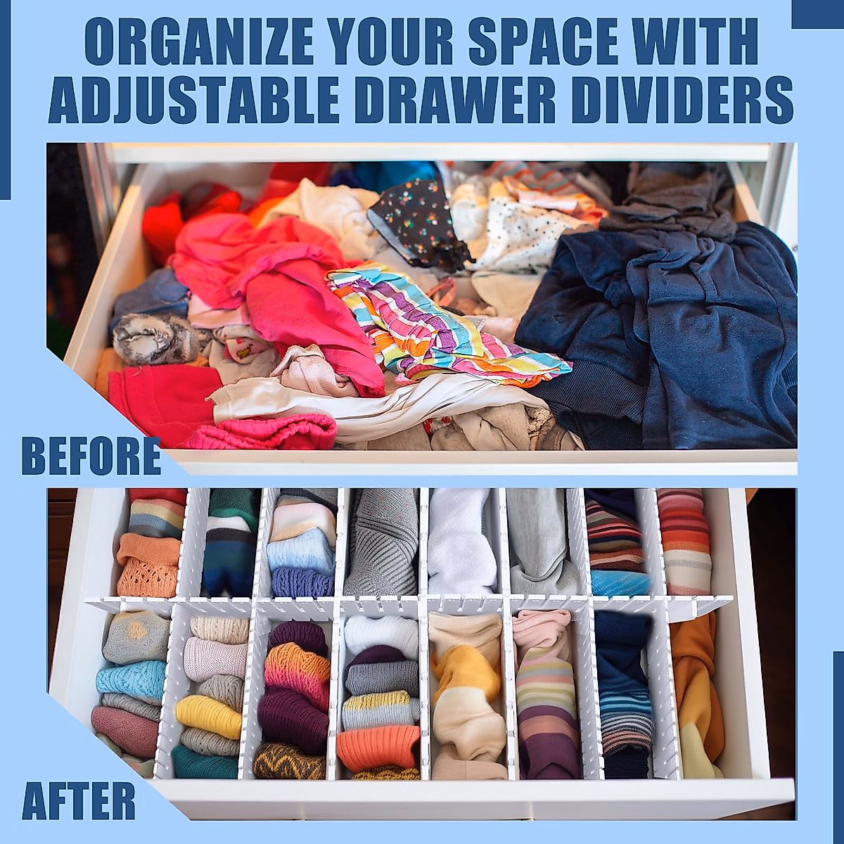 Blosssound 15Pcs Drawer Divider Adjustable Drawer Organizer 15 x 5.12, Deep, DIY Storage Organizer Separator with Fixed Buckle for Socks, Underwear, Makeup, Kitchen, Bedroom, Dresser