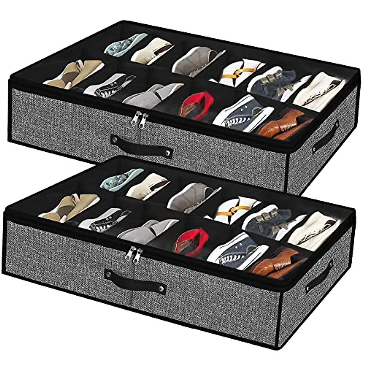 Meerainy Under Bed Shoe Storage Organizer for Closet 2 Pack- Fits 24 Pairs Underbed Shoes Container Boxes with 2 Sturdy Handles and Clear Window,Foldable Shoe Rack Holder,Black