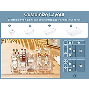Puroma 18Pcs Drawer Organizer Set 4-size Versatile Vanity and Bathroom Drawer Organizers, Clear Plastic Desk Drawer Organizer Trays and Customize Layout Storage Bins for Makeup Kitchen Office (Clear)