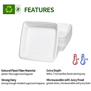 AICHEF 50 Pack 42 oz Compostable Deep Dish Plates, Extra Large Deep Square Disposable Food Trays for Seafood BBQ Large Salad - 9x9x1.7 inch