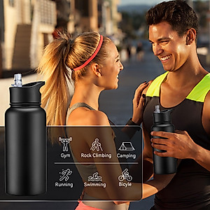 Cool Yoleb 32 oz Insulated Water Bottle with Straw & Spout Lid, Leak Proof Metal Water Bottles, Stainless Steel Double Wall Vacuum, Wide Mouth Thermal Water Bottle for Travel Sports (Black, 1)