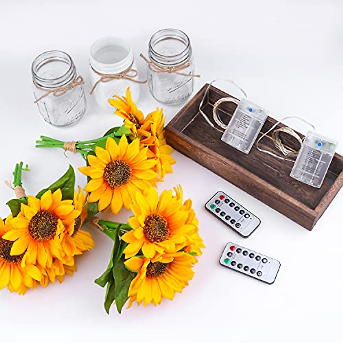 Fowecelt Mason Jar Lights Table Centerpiece Decoration for Dining Room Living Room Kitchen Table Decor Wood Tray with 3 Mason Jars Sunflower Farmhouse Coffee Centerpieces Table Decor