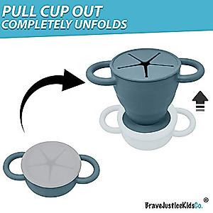 BraveJusticeKidsCo | Snack Attack II Snack Cup | Collapsible Silicone Snack Container | Toddler and Baby Snack Catcher Lid (Blue Steel)