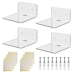 GSHLLO 4 Pcs Acrylic Floating Shelves Small Clear Wall Shelves Adhesive Hanging Shelves Wall Mounted Display Shelves Small Picture Books Shelves Small Display Ledge