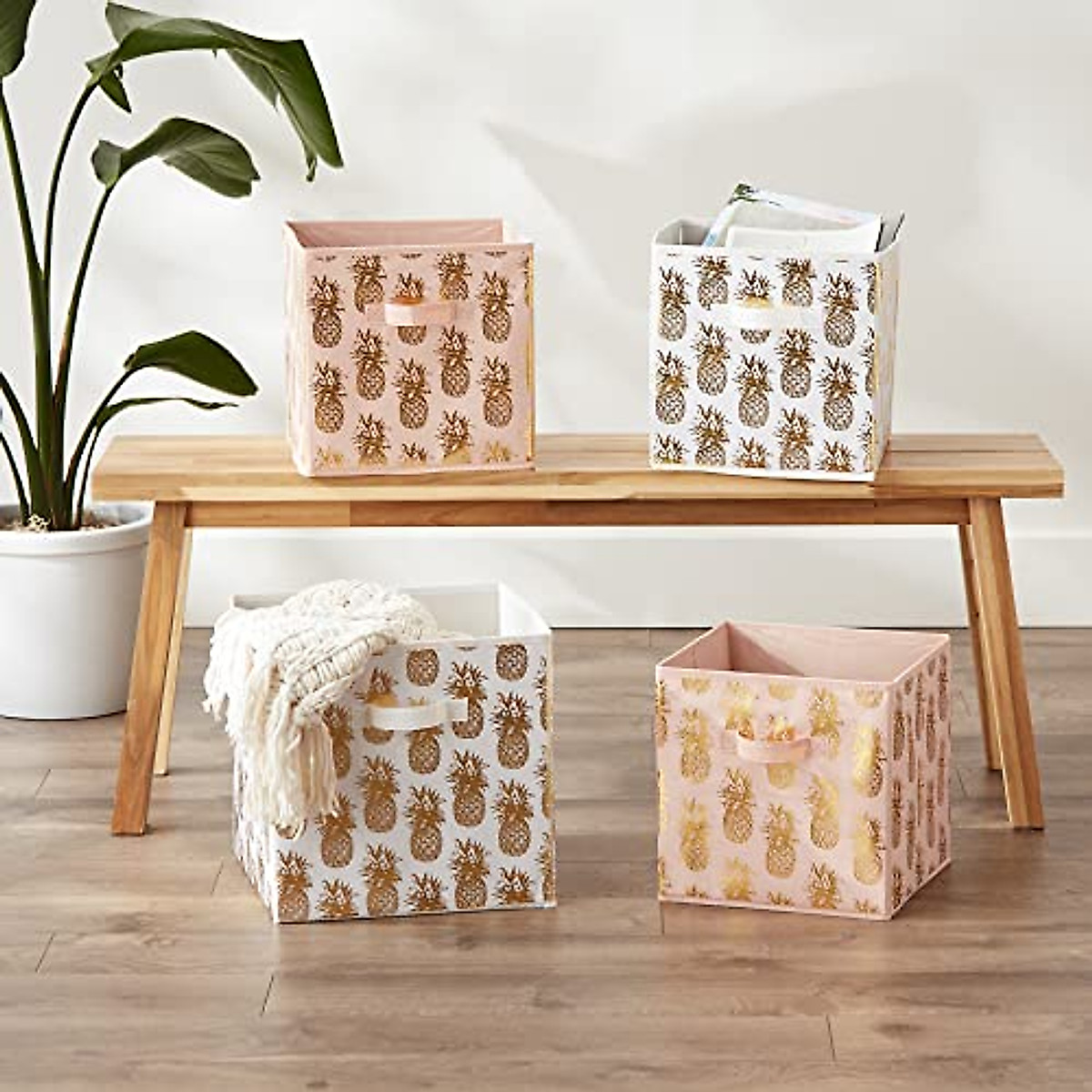 DII Non Woven Polyester Storage Bin, Metallic Pineapple, White & Gold, Large Set of 2